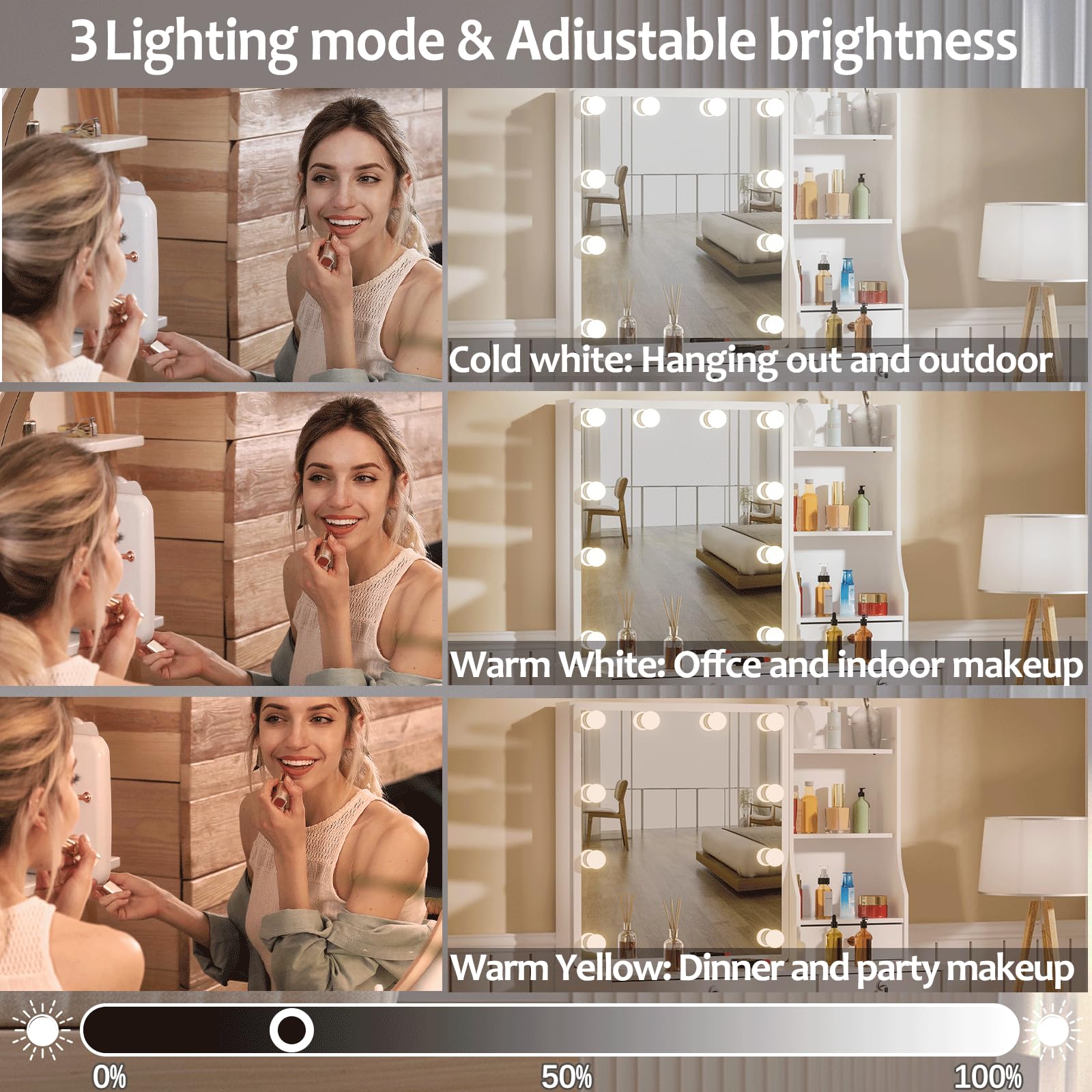 Buildonely Makeup Vanity Set with Mirror and Lights, Hollywood Vanity Desk with 4 Drawers and Display Shelves for Storing Items, Dressing Table with Soft Stool for Girls