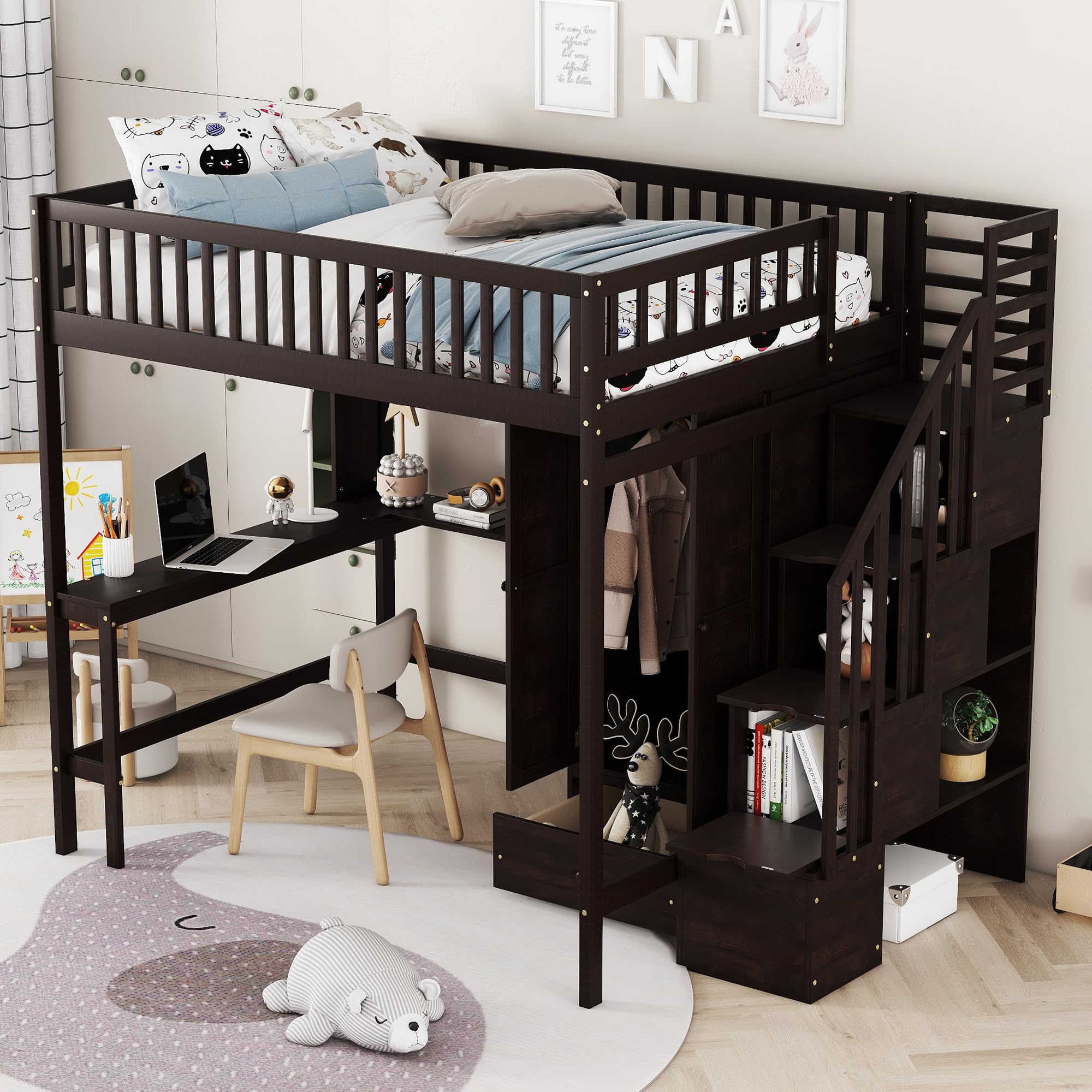 Full Size Loft Bed with Desk, Wardrobe, High Loft Bed Frame with Storage Staircases, Drawer Solid Wood Loft Beds for Kids, Boys and Girls,Teens, No Box Spring Needed (Espresso)