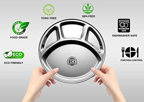 King International Stainless Steel Plates, Divided Indian Dinner Plate,Four Section Round Plates Set Of 4, 12'', Section Control Plate, Kids Plate, Indian Thali Plate