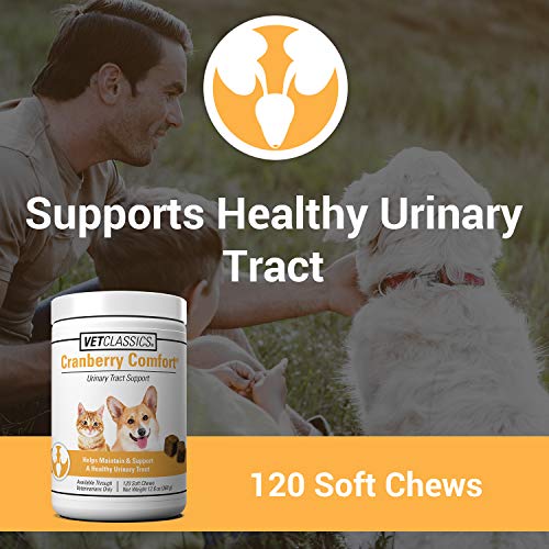 Vet Classics Cranberry Comfort Urinary Tract Pet Supplement for Dogs, Cats β Maintains Dog Bladder Health, Cat Bladder Control β Pet Supplements for Incontinence β 120 Soft Chews