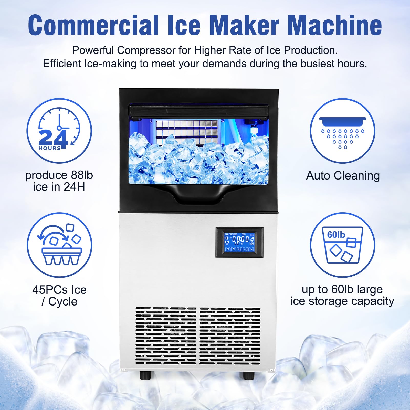 Commercial Ice Maker Machine,Freestanding/Under Counter Stainless Steel Ice Machine,100Lbs/24 Hour with 35Lbs Ice Storage Capacity, Perfect for Restaurant/Bar/Cafe/Shop/Home/Office