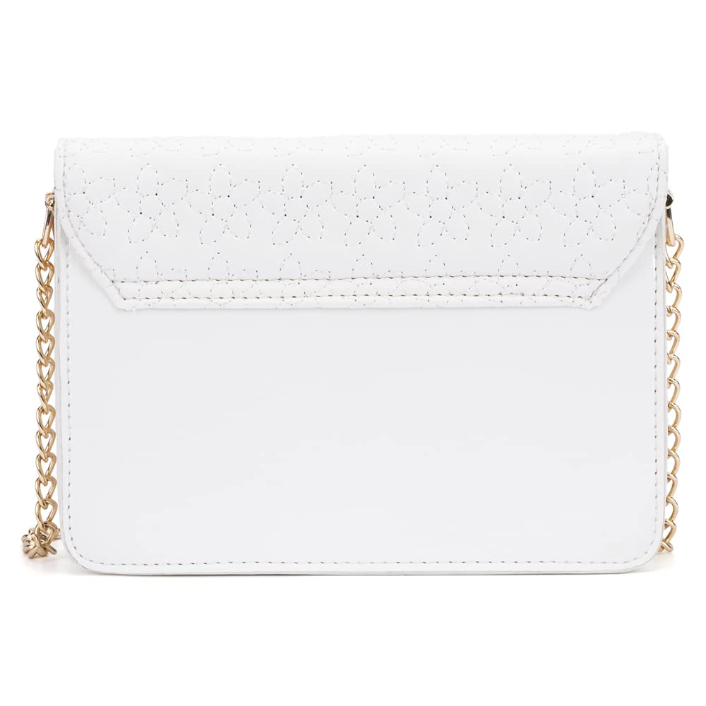 Olivia Miller Women's Fashion Rose Flower Embroidered Faux PU Leather Front Flap w Multi Compartment Off White Crossbody Bag Everyday Small Evening Casual Work Purse Handbag