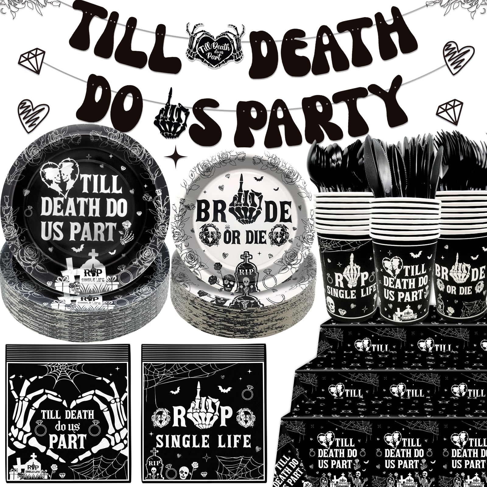 Bride or Die Bachelorette Party Decorations 188Pcs Halloween Bachelorette Party Decorations Til Death Do Us Part Decor Bride or Die Plates and Napkins for Bachelorette Skull Party Decorations