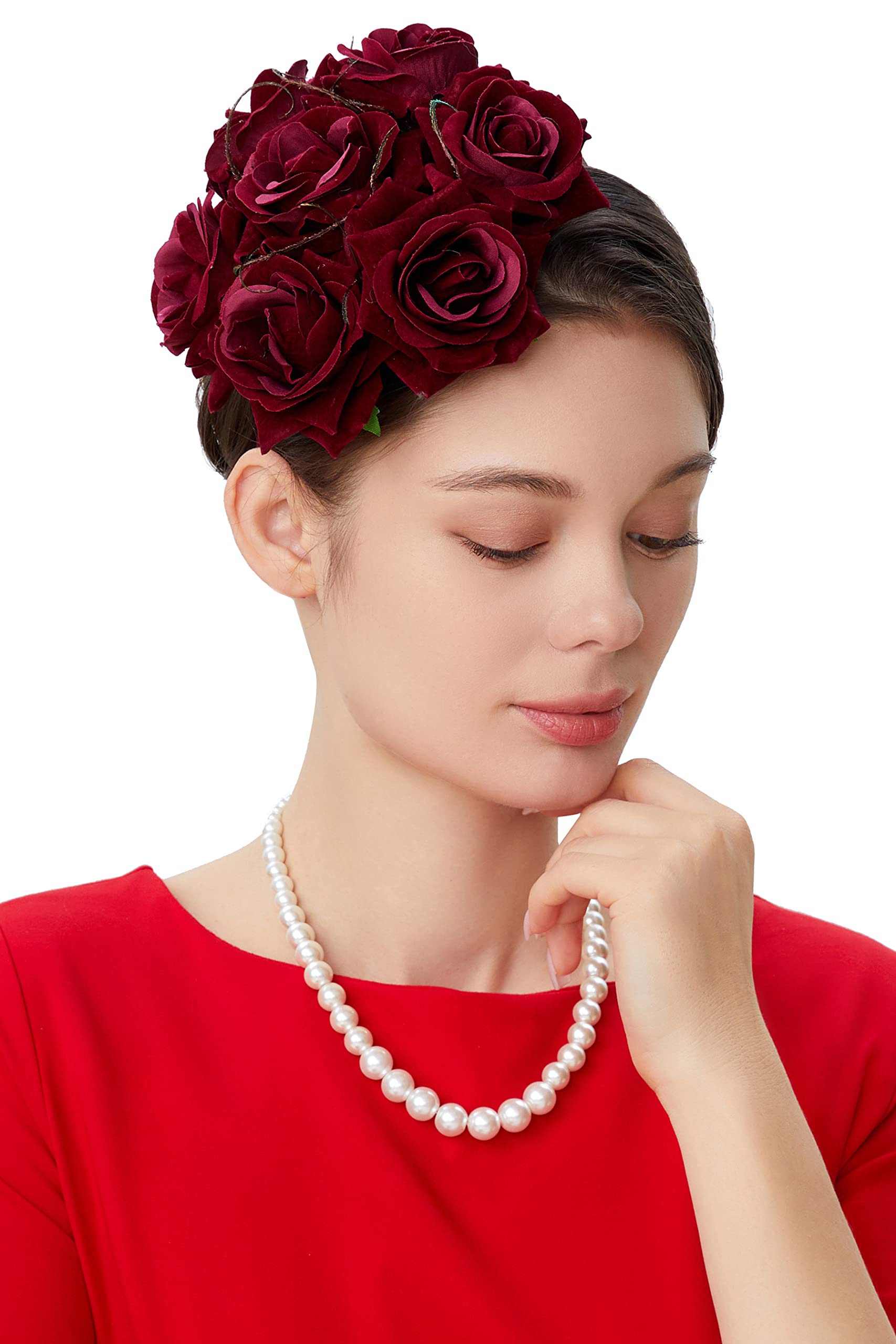BABEYOND Floral Fascinators for Women Feather Fascinators Headband for Cocktail Tea Party (WineRed)