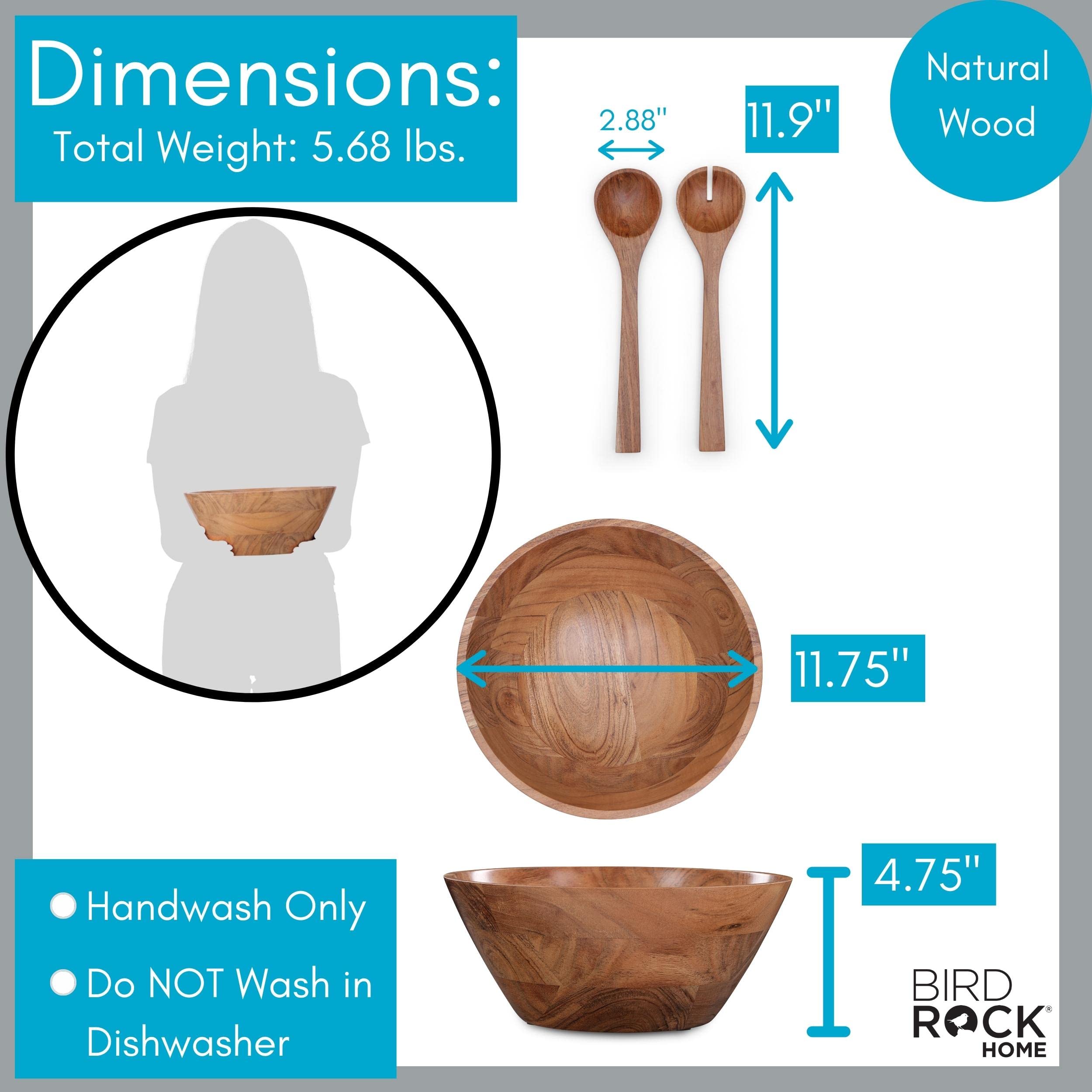 BIRDROCK HOME 3 Piece Wooden Salad Serving Bowl and Utensils | Acacia Wood Server Set | Salad, Fruit or Side Hands | Large