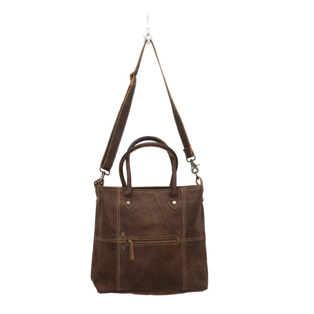 Genuine Leather Crossbody Bag with Contrast Stitching and Pocket