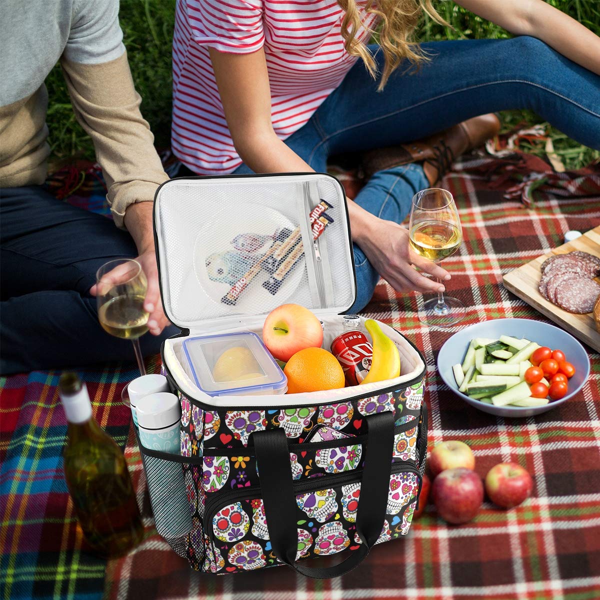 Baofu Large Skull Picnic Lunch Bag Insulated Reusable Tote Bag Freezable Portable Leakproof Lunch Box Waterproof Cooler Premium Basket For Picnic Travel Camping