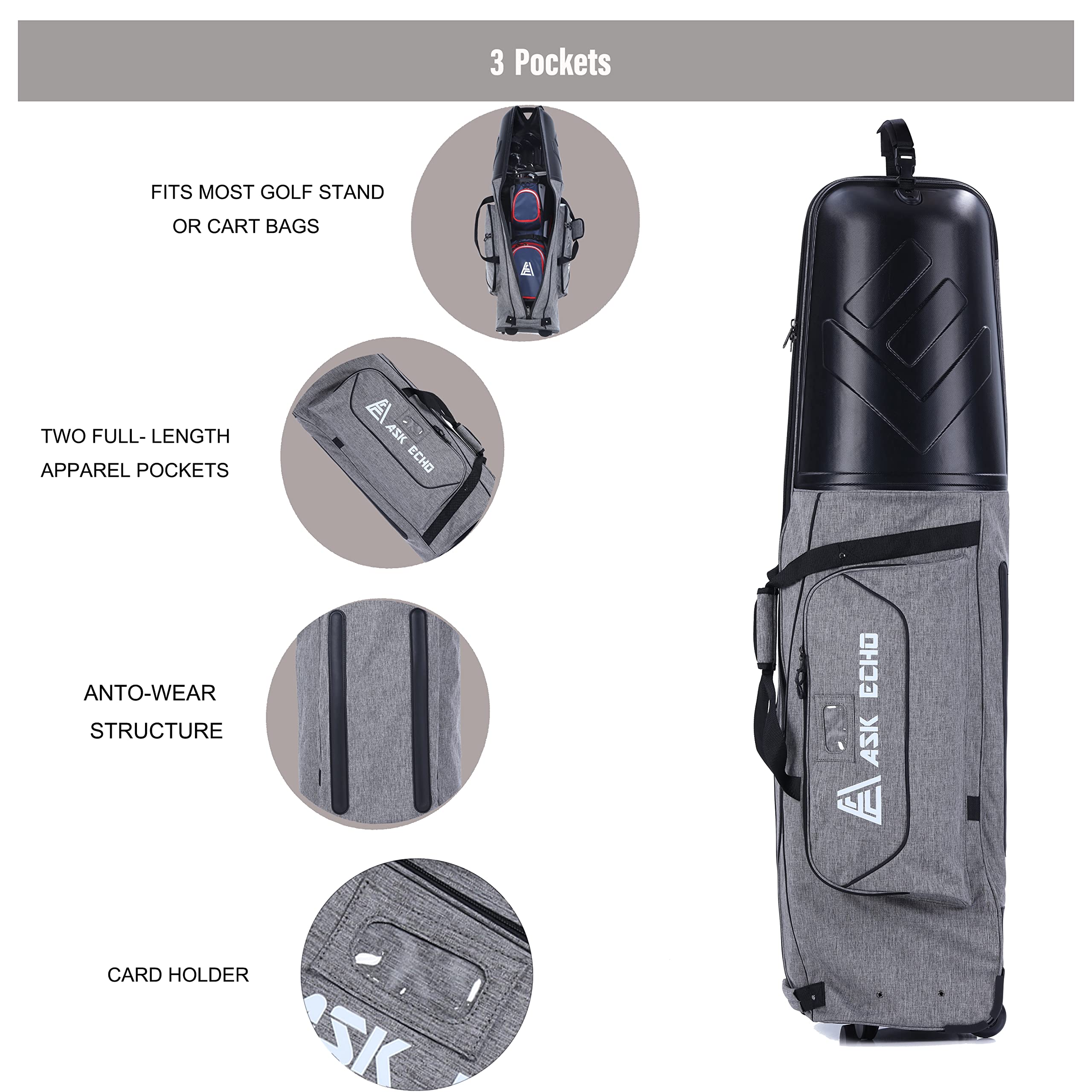 ASK ECHO Golf Travel Cover for Golf Bag with ABS Hard Top, Protect Travel Bag, with Wheels (Grey)