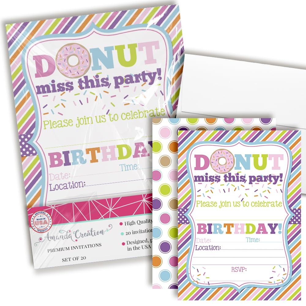 Colorful Donut with Sprinkles Birthday Party Invitations, 20 5x7 Fill In Cards with Twenty White Envelopes by AmandaCreation