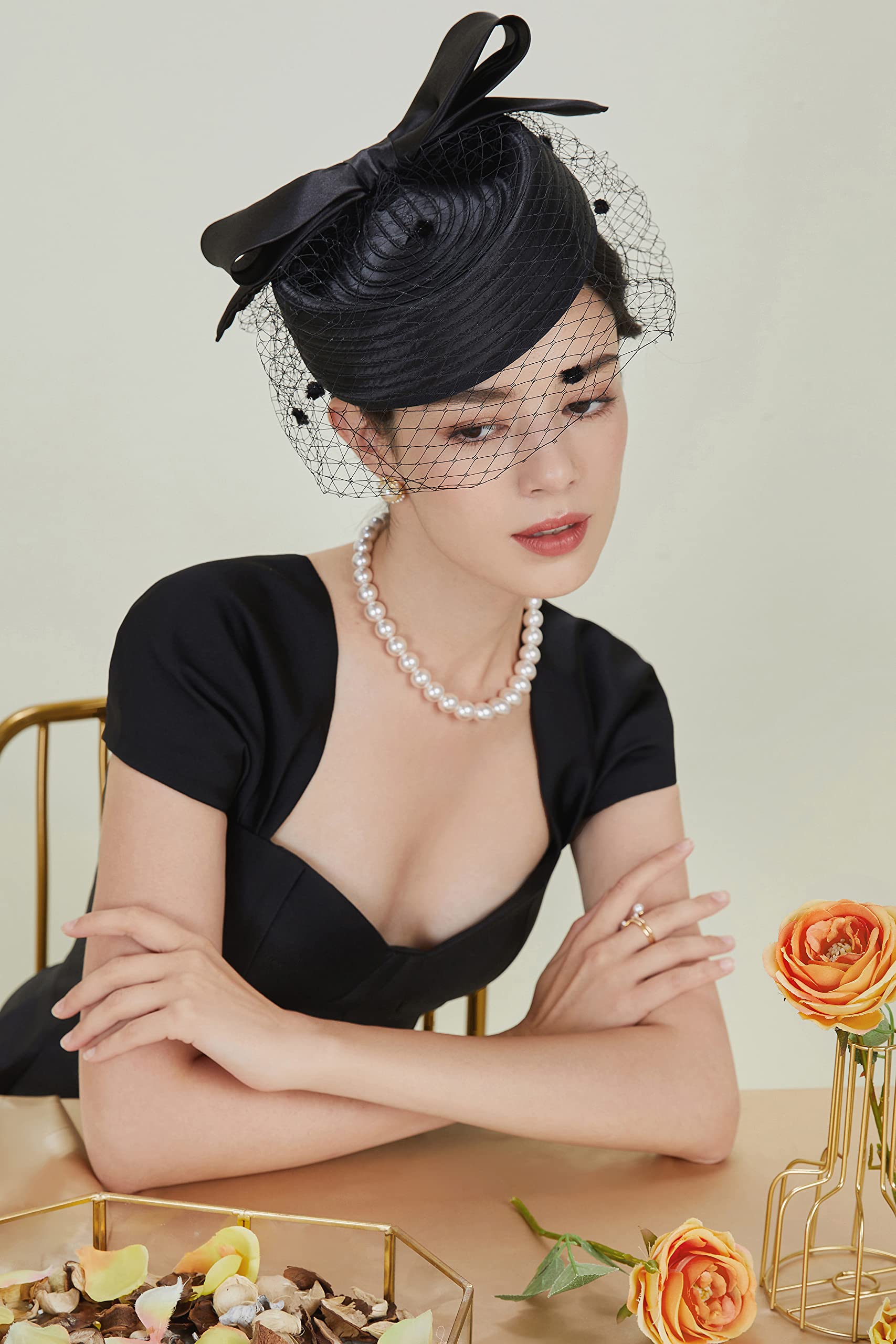 BABEYOND Kentucky Derby Hat Fascinator for Women Tea Party Veil Fascinator Hat Pillbox Hat Fascinator (Black)