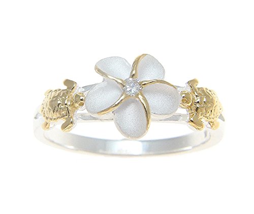 Arthur's Jewelry Sterling silver 925 Hawaiian plumeria flower cz turtle ring 2 tone yellow gold plated size 8