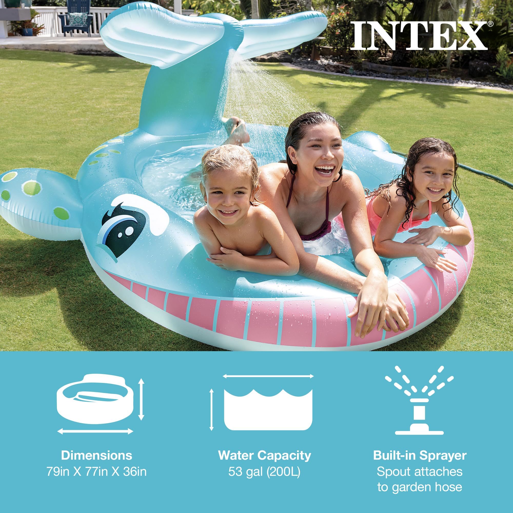 Intex Inflatable Whale Kiddie Pool: Built-in Water Sprayer – Convienient Drain Plug – Durable Vinyl – 79" x 77" x 36" – Ages 3+