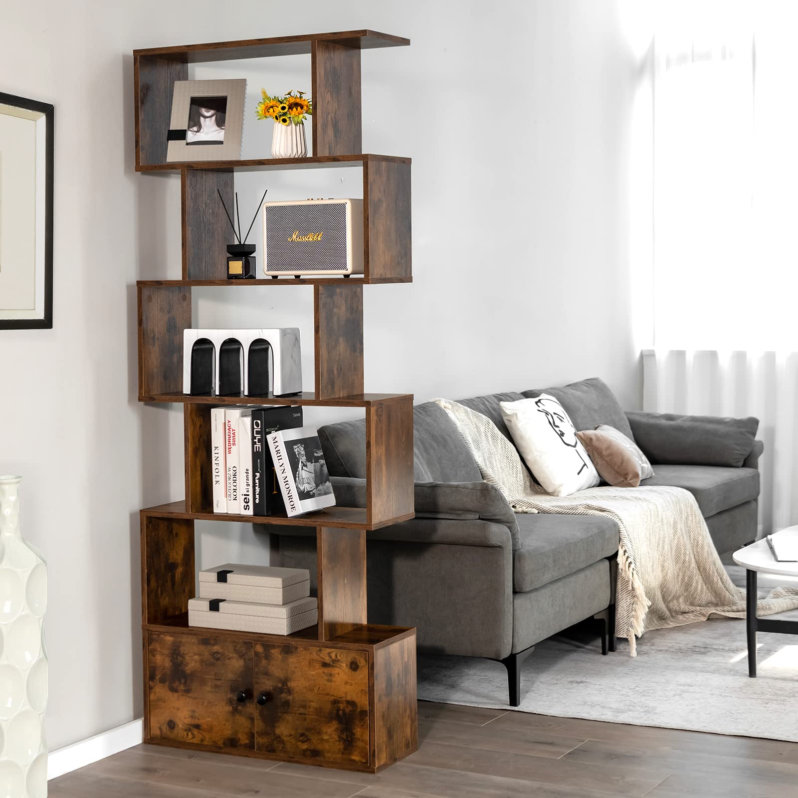 Tangkula S Shaped Bookshelf with Cabinet, 6-Tier Bookcase with Doors, Freestanding Geometric Bookshelves for Living Room, Anti-toppling Device, Home Office Wood Storage Display Shelf (1, Rustic Brown)