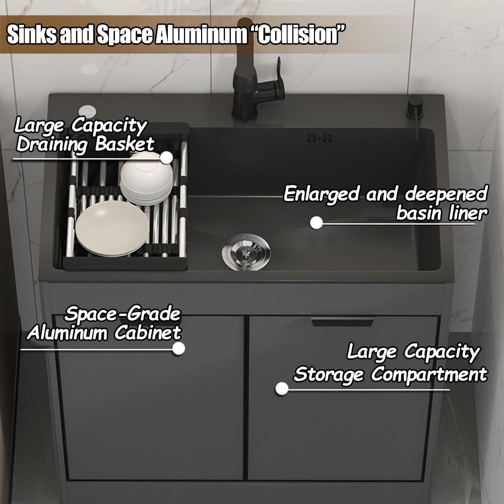 Commercial Kitchen Sink 304 Stainless Steel Utility Sink With Cabinet, Outdoor Free Standing Sink With Utility Faucet, Drain Basket & Draining Rack, Portable Can Be Moved Independently