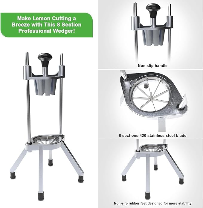 Commercial Lemon Cutter 8-Section with V-Shaped 420 Stainless Steel Blades,Easy Wedger Stainless Steel Blade Fruit Lime Slicer NSF Certified Easy-to-Use for Bar Restaurant (8-Section)