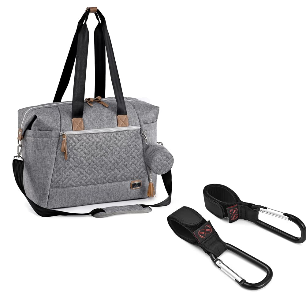 Dikaslon Diaper Bag Tote with 2 Pack Stroller Hooks, Pacifier Case and Changing Pad, Large Travel Diaper Tote for Mom and Dad, Multifunction Baby Bag for Boys and Girls