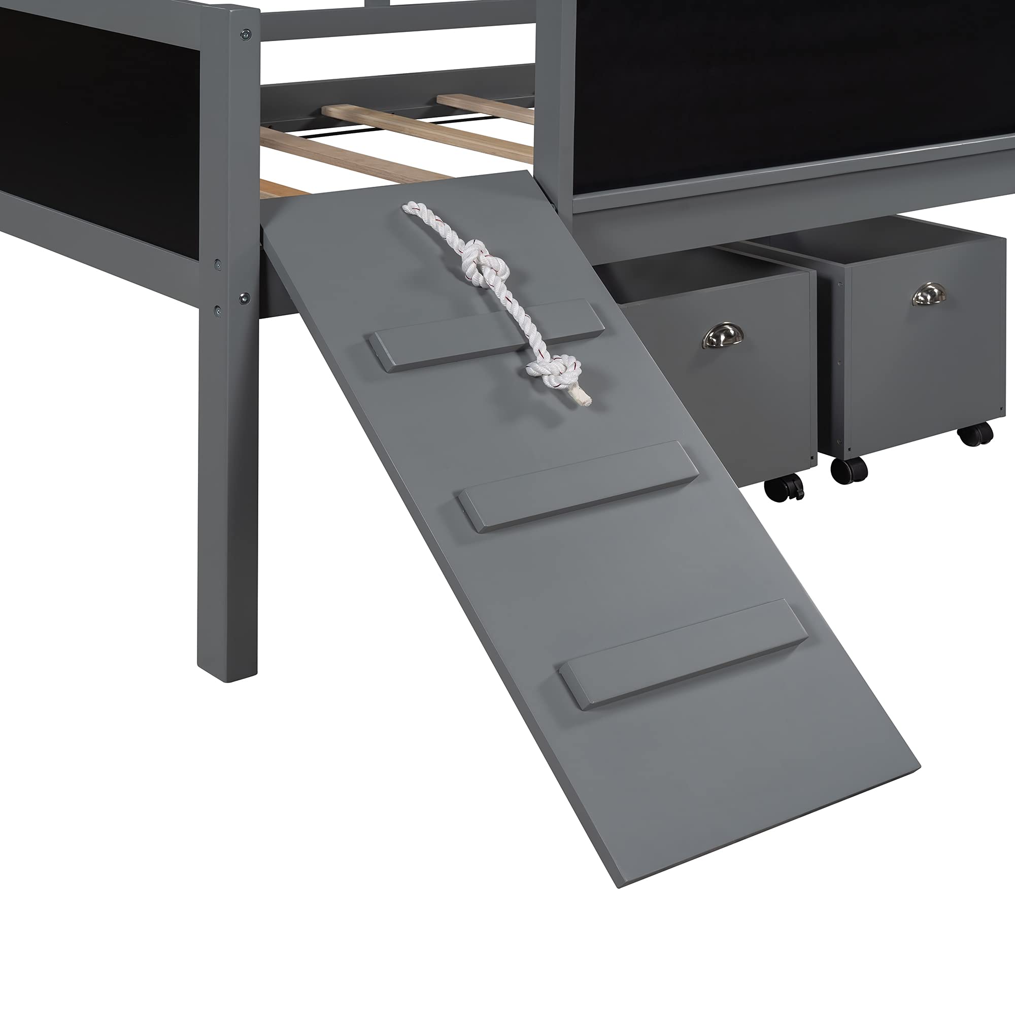 Harper & Bright Designs Kids Loft Bed with Slide, Twin Size Wooden Low Loft Bed Frame with Two Storage Boxes for Boys & Girls, Gray