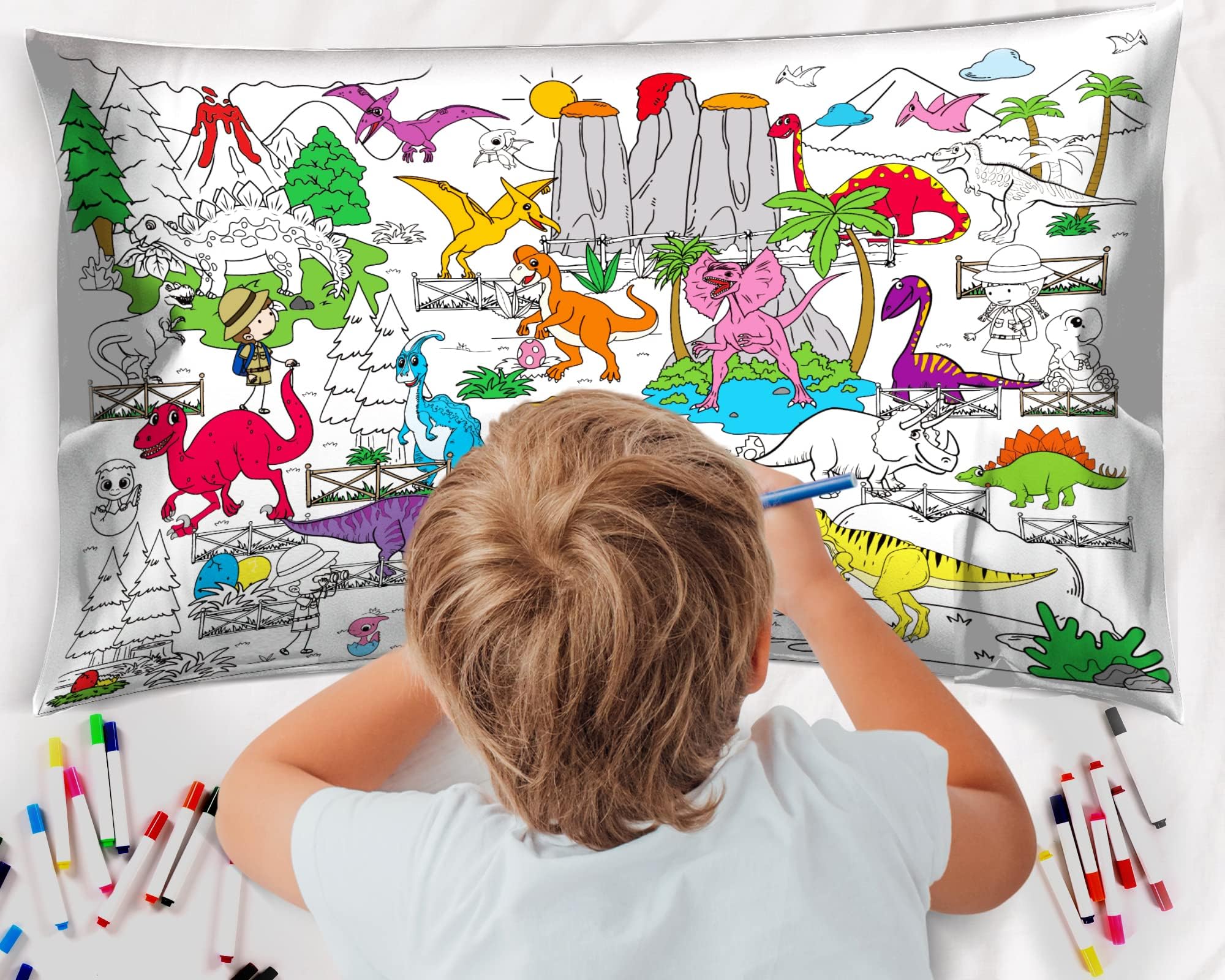 Coloring Pillowcase for Kids Dinosaur Craft Washable Markers for Kids 29x21in Color Your Own Pure Cotton Soft Dinosaur Pillow Covers Set Reusable Arts and Crafts for Kids