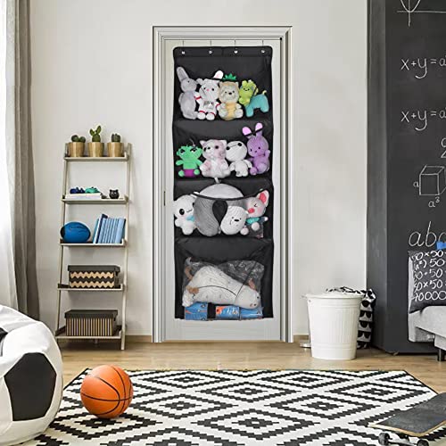 Stuffed Animal Organizer, 4 Pockets Over Door Organizer for Stuffies and Toy Plush, Kids Bedroom Organization Animal Storage Net Hammock with Hooks, Hanging Toy Plush Storage for Nursery, Bedroom