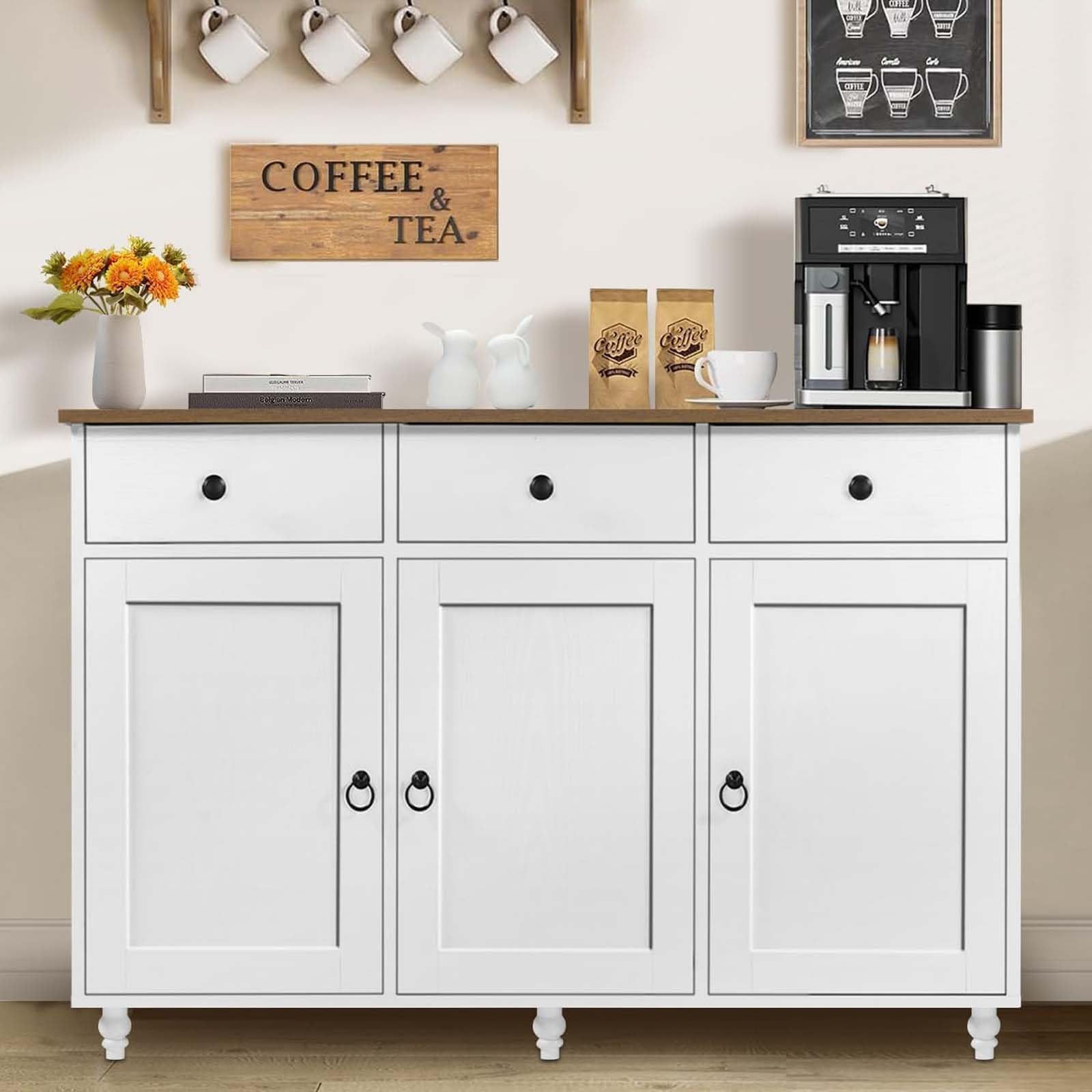 Buffet Cabinet with Storage, 47" Sideboard Buffet Cabinet with 3 Drawers and 3 Doors, Modern Farmhouse Kitchen buffet storage cabinet, Wood Buffet Table for Kitchen, Dining Room, Living Room, White