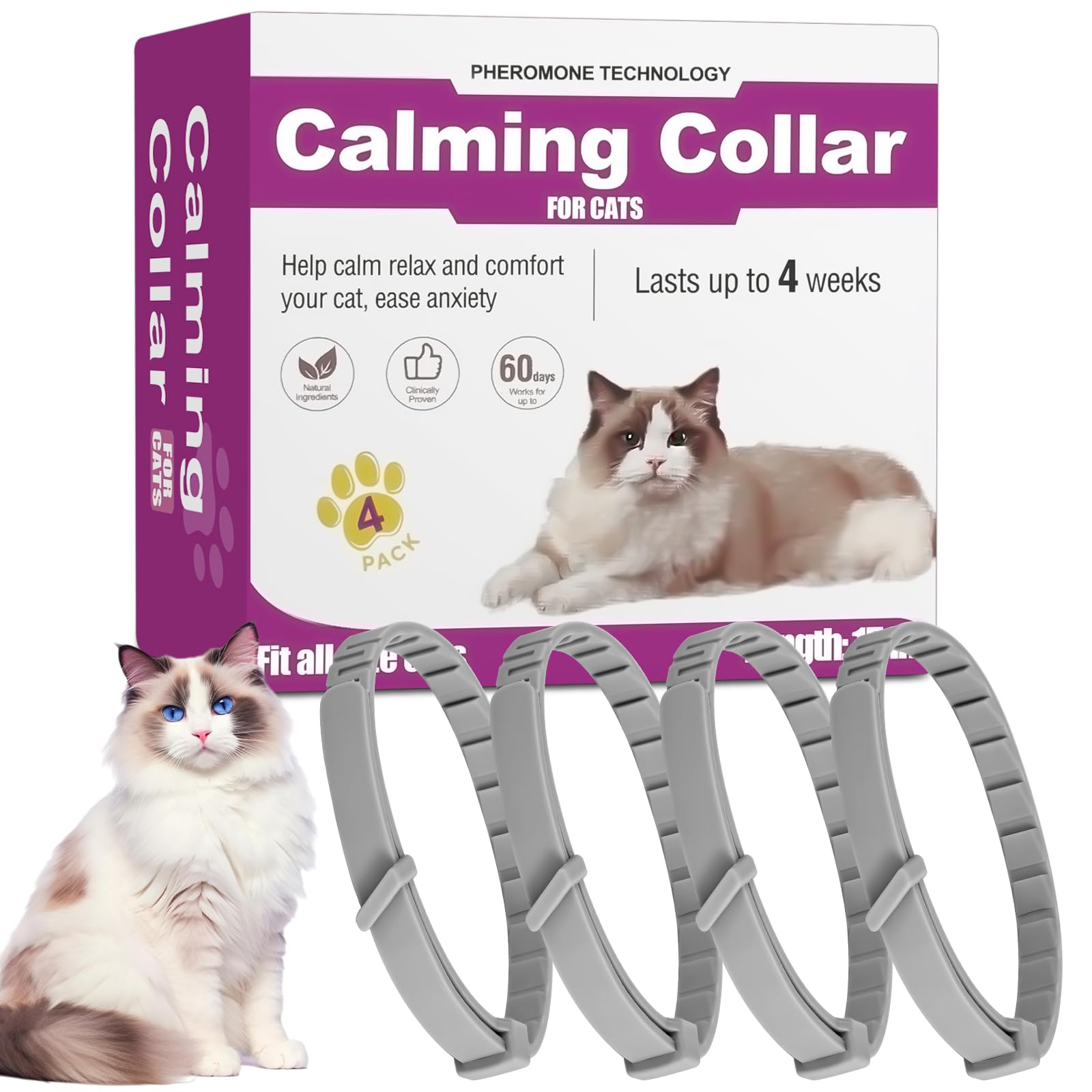 Calming Collar for Cats, Cat Calming Collar, Calming Pheromone Collar for Cats, Cat Pheromone Collar, Cat Calming Collar for Anxiety Relieve Up to 60 Days, 4 Pack(Grey)
