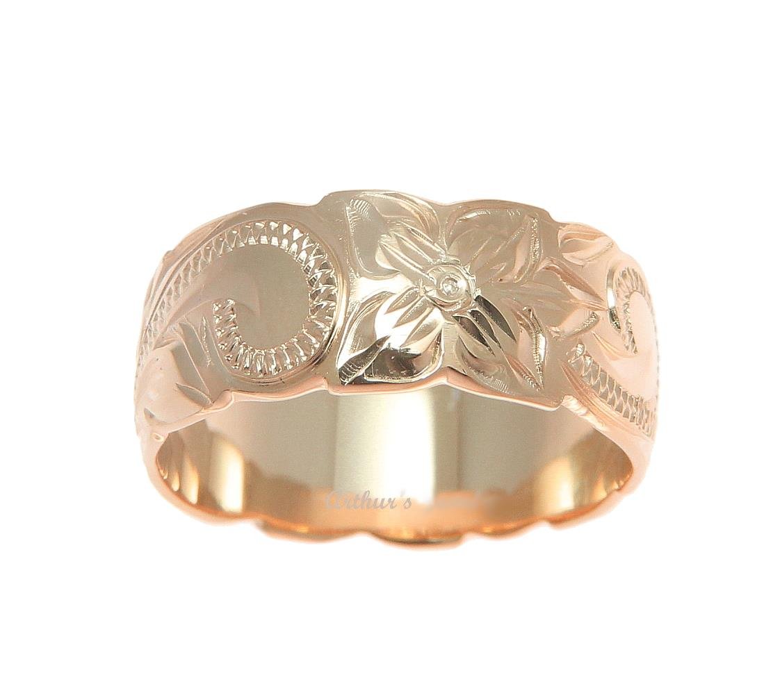 Arthur's Jewelry Pink rose gold plated 925 sterling silver Hawaiian 8mm plumeria flower scroll cut out edge ring size 7.5