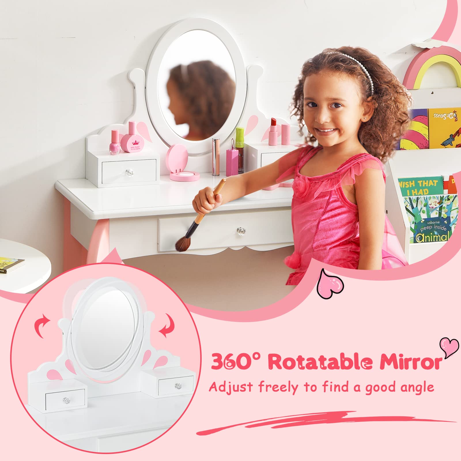 Costzon Kids Vanity Set with Mirror, 2 in 1 Princess Makeup Dressing Table w/Detachable Top, Toddler Vanity with 360° Rotating Mirror, Drawers & Stool, Pretend Play Vanity Set for Little Girls, White
