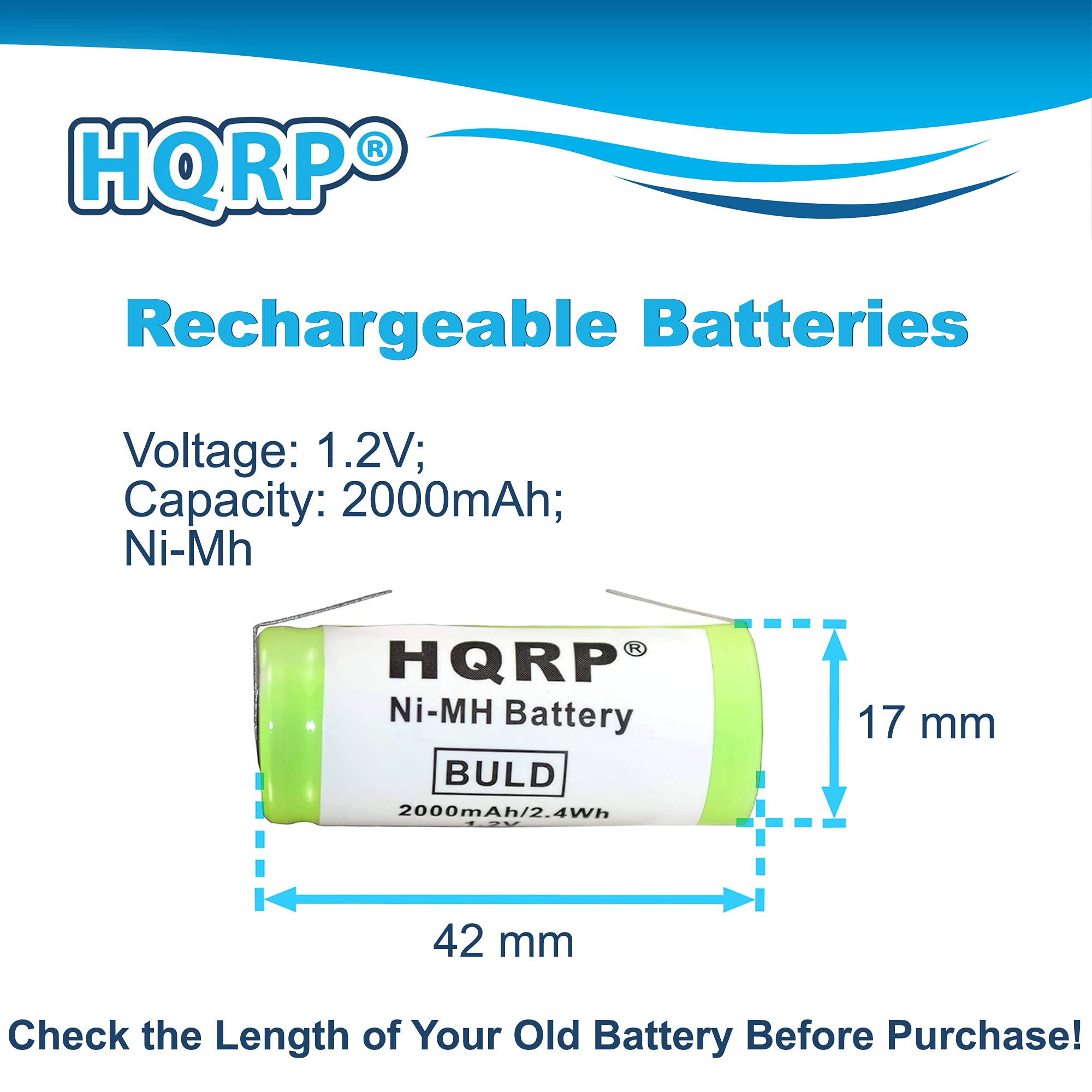 HQRP 42mm Long Battery Compatible with Braun 5000, 3745, 3761, 3762, 5000 Toothbrush Repair 2000mAh Professional Care Triumph Sanyo 346 Sanyo346