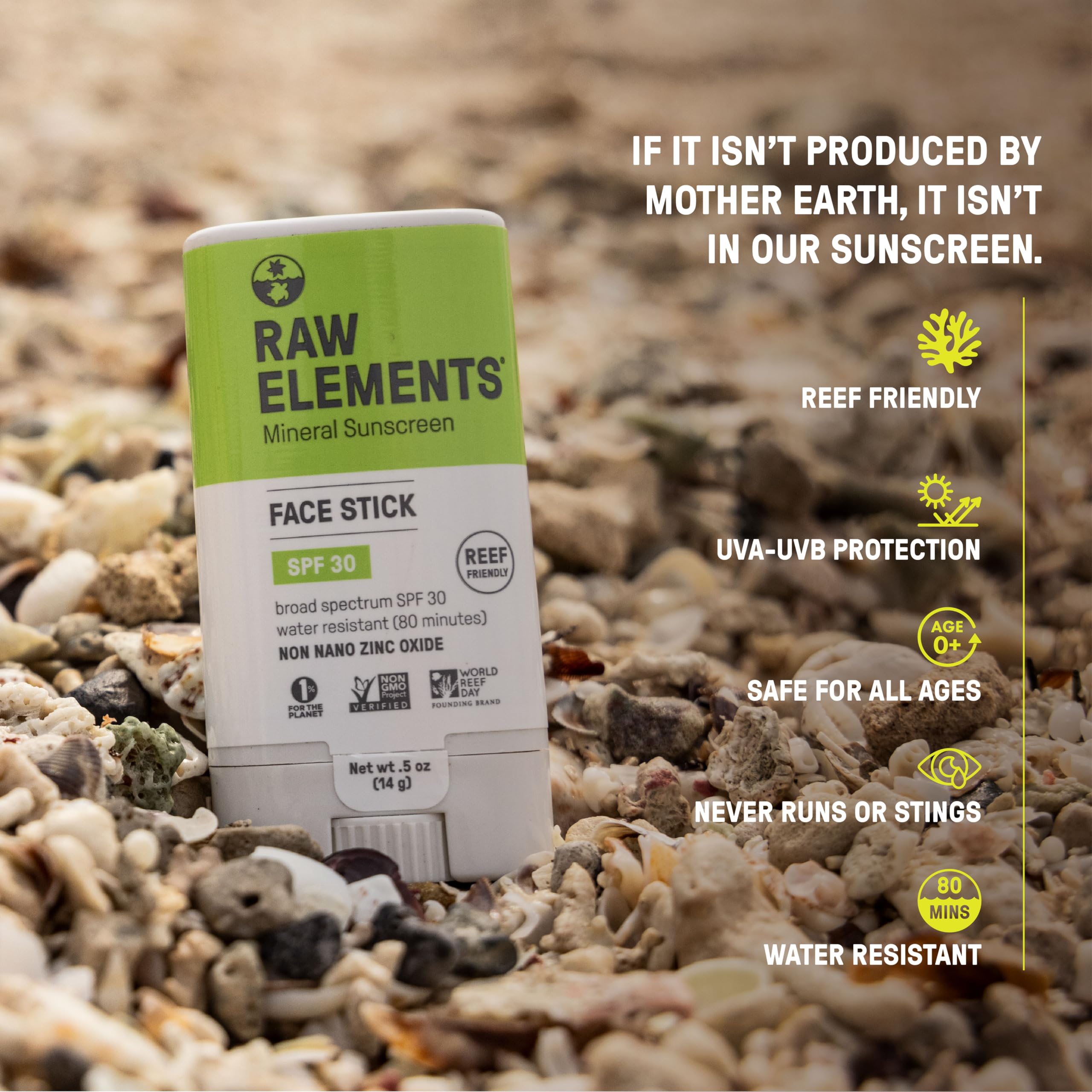 Raw Elements Face All-Natural Mineral Sunscreen Stick, Non-Nano Zinc Oxide, 95% Organic, Water-Resistant 80 Min, Reef Safe, All Ages Safe, SPF 30+, Travel Sunblock 0.5 oz