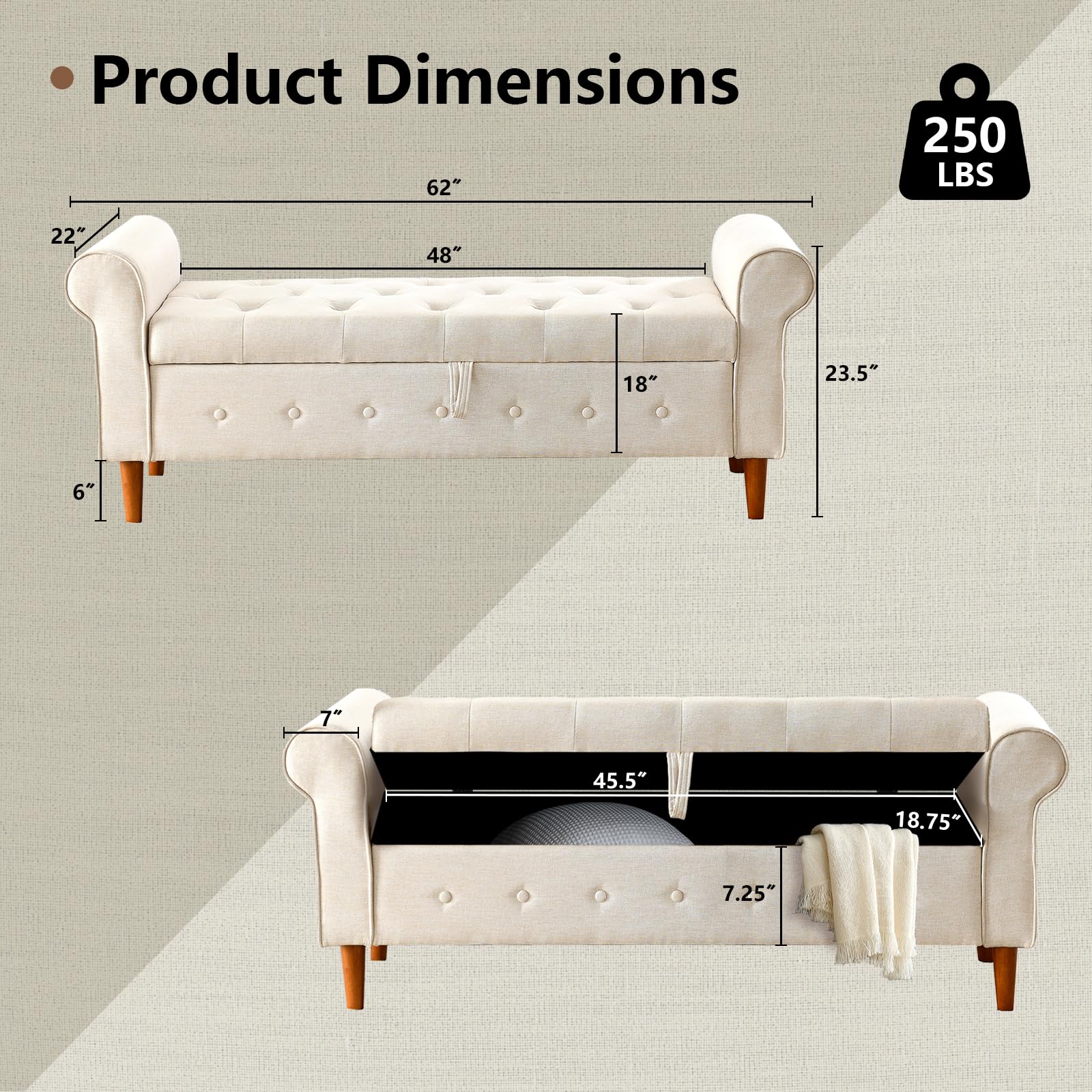 BAOMKONG Storage Ottoman Bench, 62" Comfy Upholstered End of Bed Bench with Rolled Armrest Button Tufted Storage Bench for Entryway Living Room Bedroom, Blue