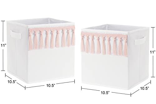 Sweet Jojo Designs Boho Bohemian Foldable Fabric Storage Cube Bins Boxes Organizer Toys Kids Baby Children - Set of 2 - Blush Pink White Farmhouse Shabby Chic Designer Modern Minimalist Tassel Macrame