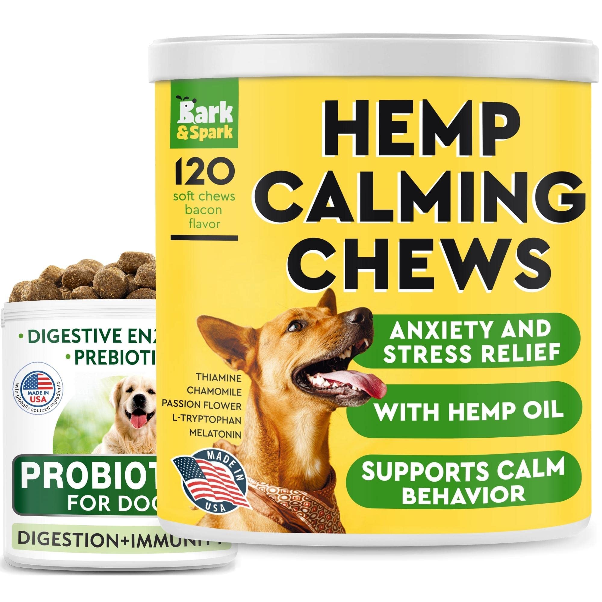 Dog Probiotics Chews + Calming Hemp Treats Bundle - Gas, Diarrhea, Allergy, Constipation, Upset Stomach Relief + Anxiety Relief - Separation Aid - Stress Relief During Fireworks, Storms, Thunder