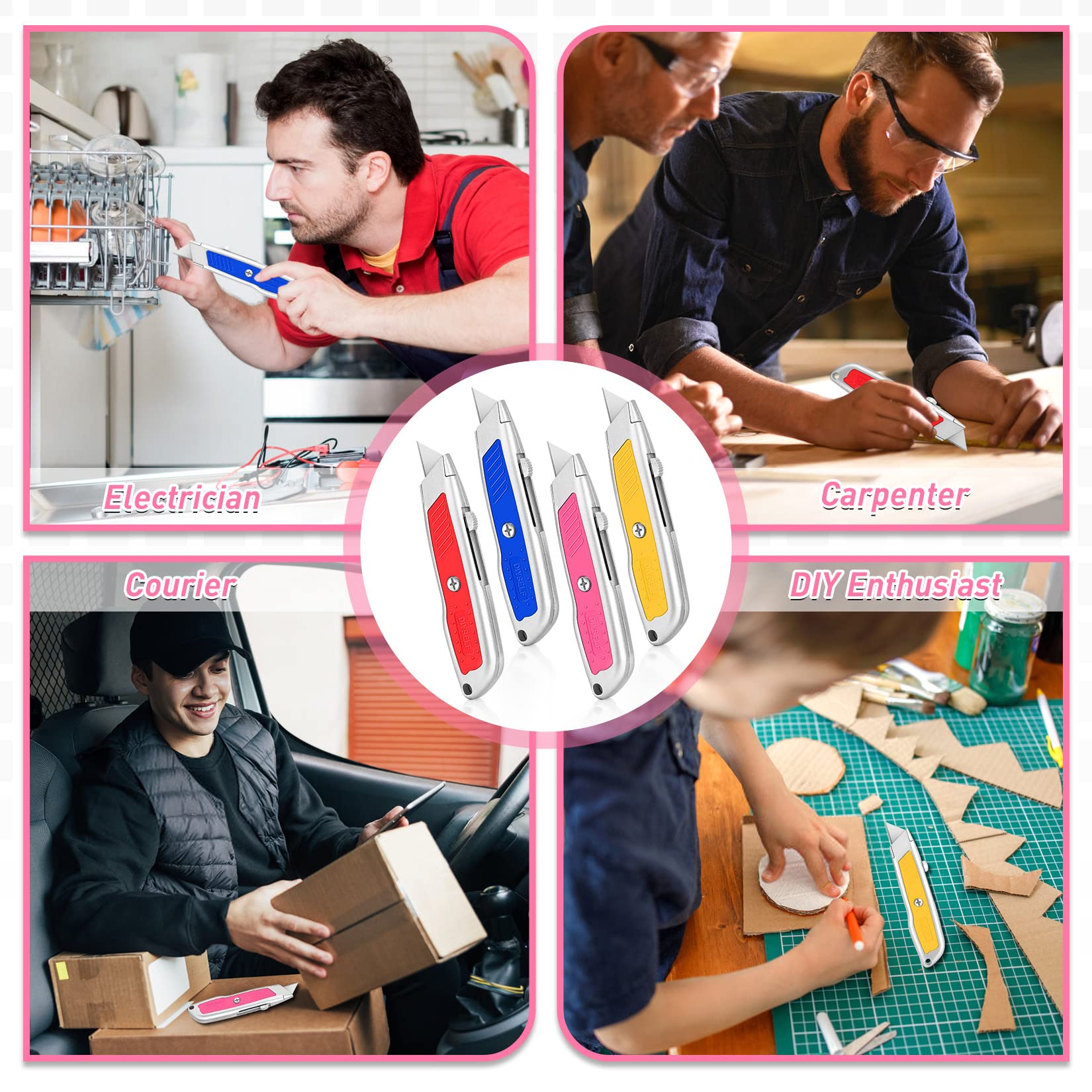 DIYSELF 2 Pack Box Cutter, Aluminum Utility Knife, Box Cutter Retractable, Sturdy Razor Knife for Cardboard, Boxes, Packages, Papers, Cartons, Box Cutter Knife, Navajas de Trabajo, Pink Knife
