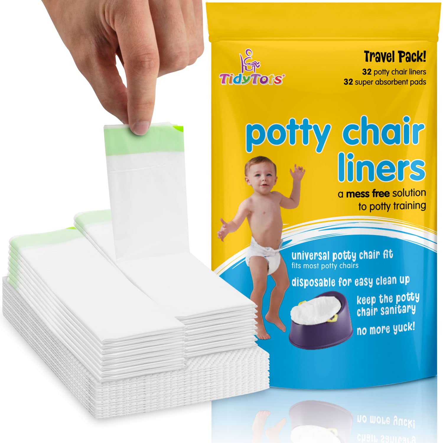 TidyTots Disposable Potty Chair Liners and Pads for Potty Training Toddlers | XL Combo Travel Refill Pack of 32 Disposable Potty Liners for Toddlers and 32 Absorbent Pads | Keeps Potty Seat Clean