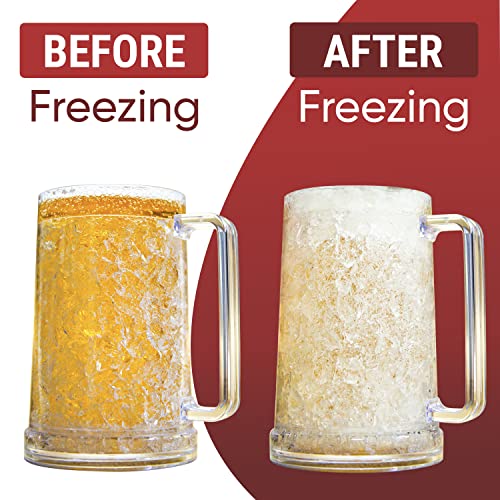Granatan Set of 2 Frozen Beer Mugs For Freezer, Double Walled Beer Mugs With Handles, 16oz Clear Frozen Beer Mugs