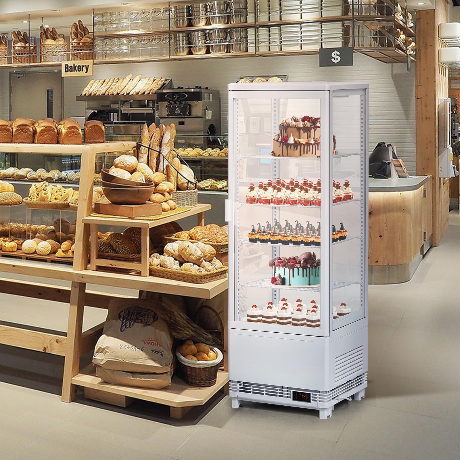 Commercial Refrigerator Display Case, 4.2 Cu.FT Single-Door Countertop Pastry Display Case with Interior LED Lighting, Double-Layered Glass, Commercial Refrigerator for Pastry Cake Restaurant
