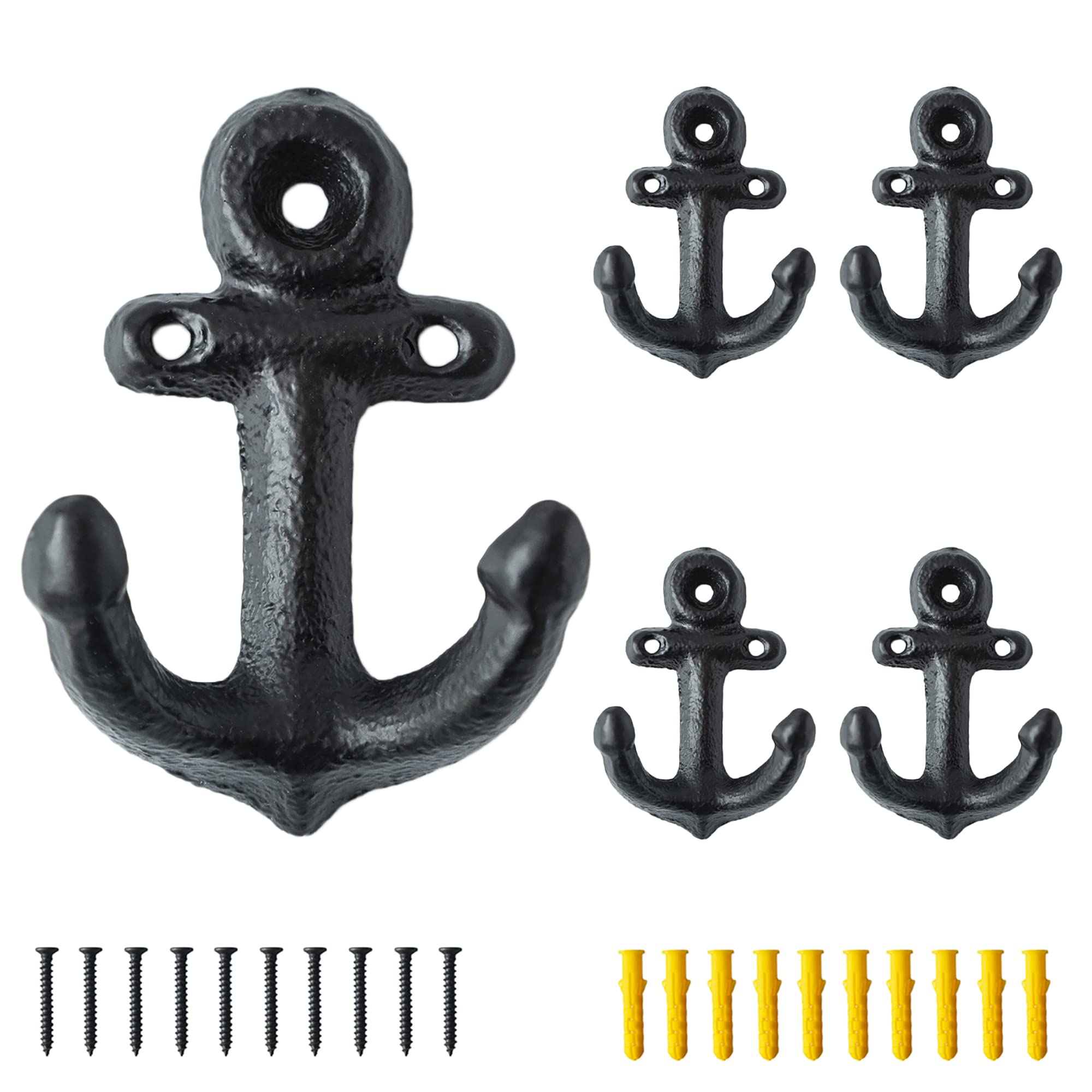 SMKOLIN 5 Pcs Cast Iron Anchor Hooks 3'' Decorative Wall Hooks Vintage Coat Hooks Antique Black