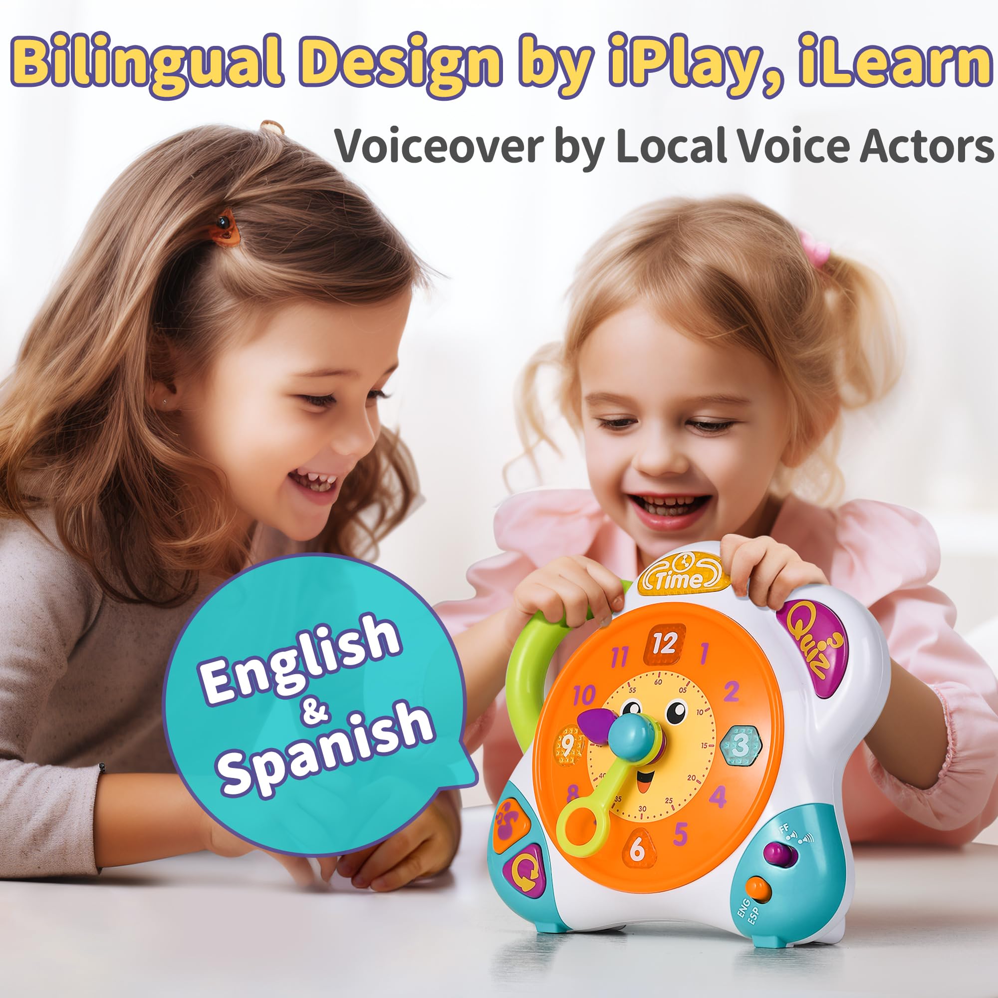 iPlay, iLearn Electronic Teaching Telling Time Learn Clock Toy, Kids Bilingual Teach and Talk Play Clock, Time Activity Toys, Kindergartn Homeschool Supplies for 4 5 6 7 8 Year Old Girls Boys Children