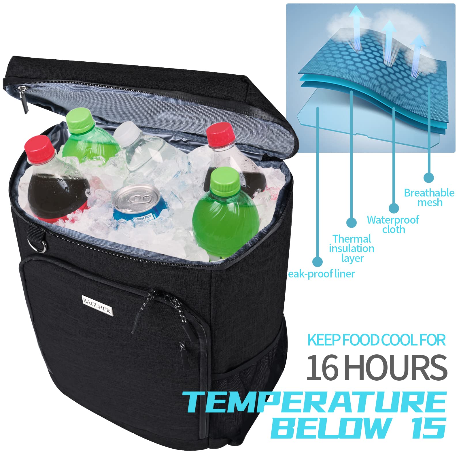 BAGLHER Cooler Backpack, Leakproof 30 Cans Insulated Soft Cooler Bag, Lightweight Lunch Box Backpack for Camping, Hiking, Picnics