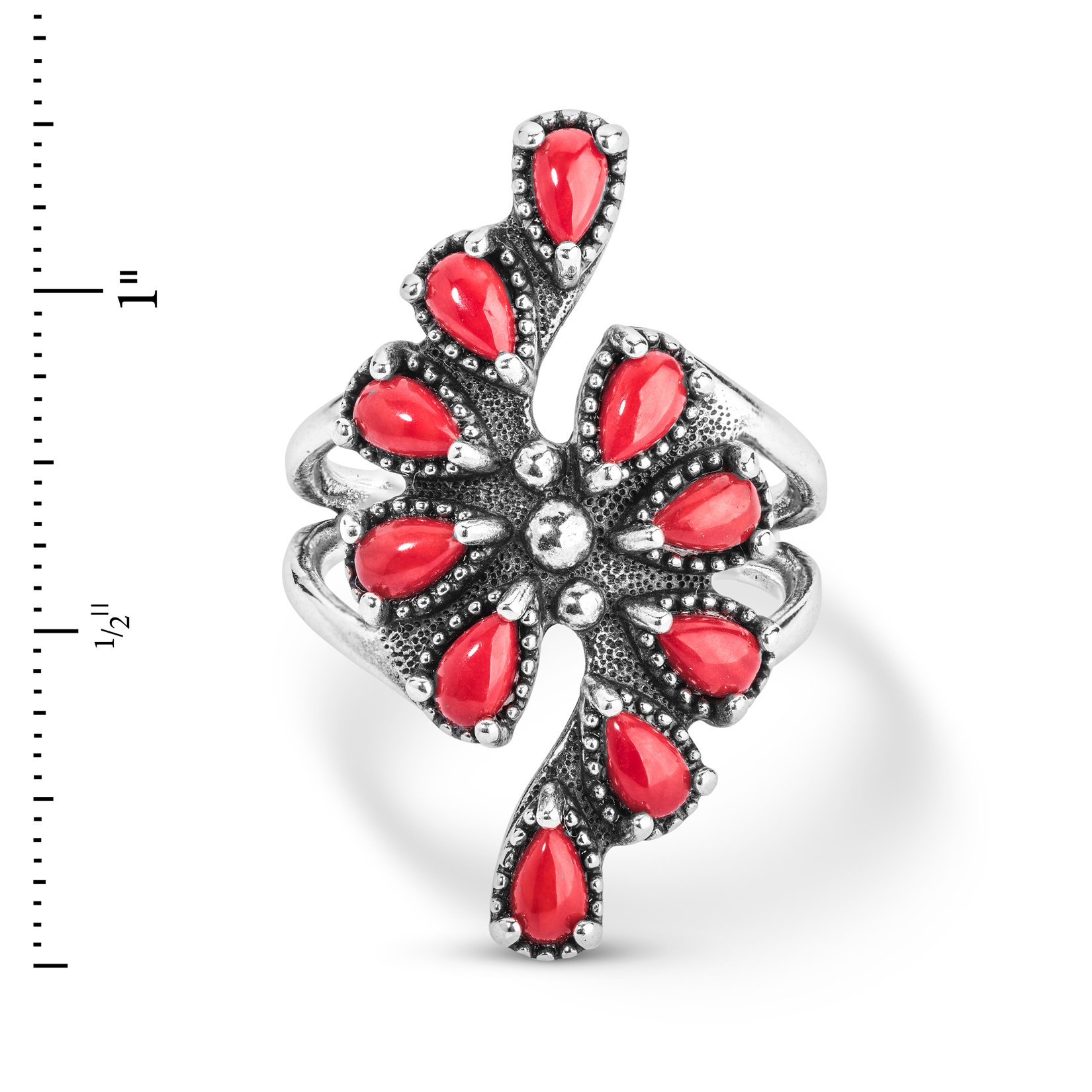 American West Sterling Silver Red Coral Gemstone Cluster Ring Size 5