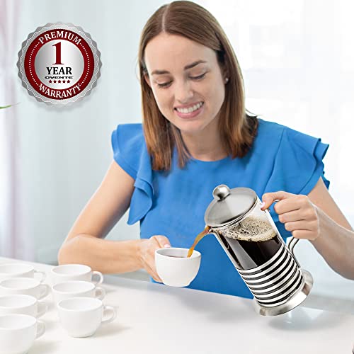 OVENTE French Press Carafe Coffee & Tea Maker 20 Ounce, 4 Filter Stainless Steel Plunger System & Durable Borosilicate Heat Resistant Glass, Portable Easy Clean Pitcher with Free Scoop, Silver FSH20S