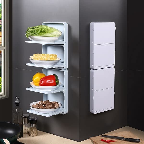 CHEZHEYER Wall Mounted Strong Adhesive Foldable Floating Shelf Rack for Food Preparation & Work; Punching-Free Storage Rack for Kitchen, Dining Room (Light Blue)