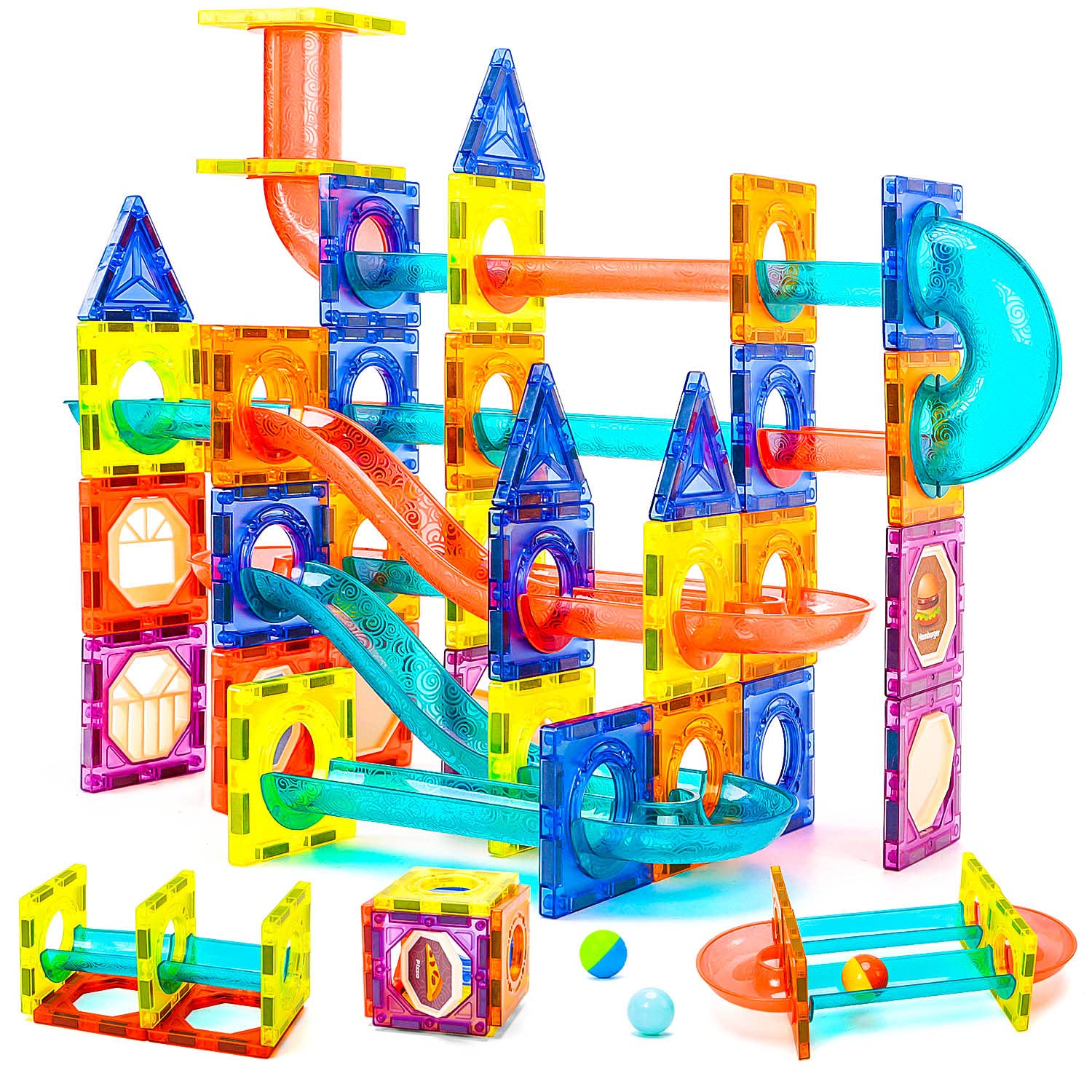 Lekebaby Magnetic Tiles Marble Run Race Track Magnet Building Block for Kids 110 Pieces STEM Learning Construction Toys Gifts for Boys Girls Age 3 and Up