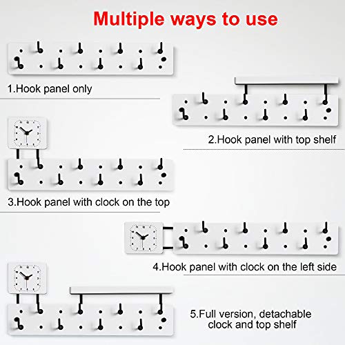 Entryway Coat Hooks with Shelf and Clock, Wall-Mounted Hanging Rack, Hallway/Living Room/Bedroom Organize and Decor Display Hook Rack. Bamboo Wood Body with 8 Metal Hooks, White Colour