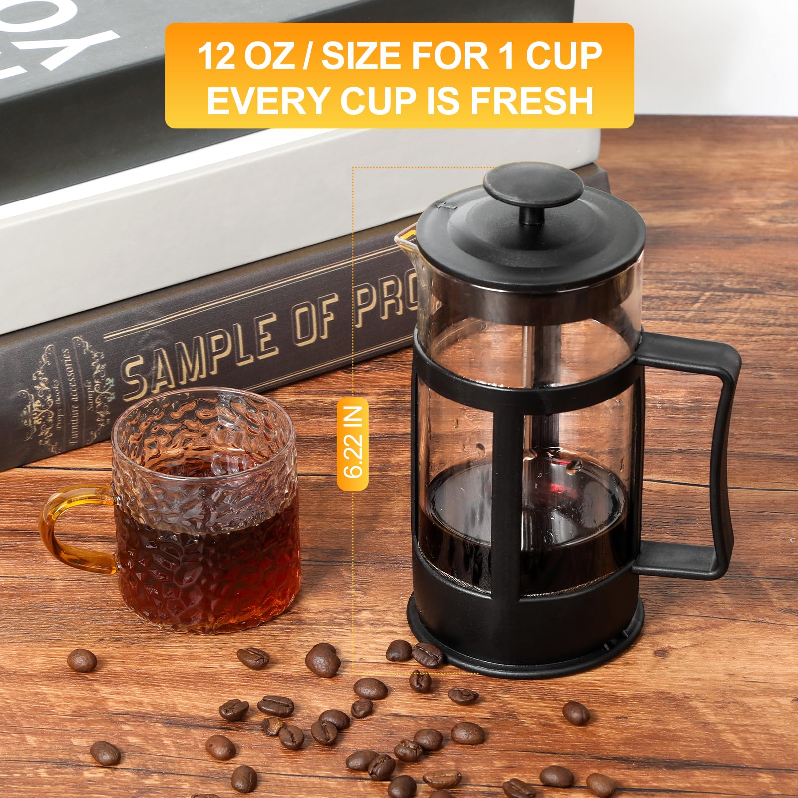 Chiallco Mini French Press Coffee Maker, Heat Resistant Thickened Borosilicate Classic Glass Stainless Steel Coffee Press, 12OZ Heat Cold Brew Coffee Pot Tea Press for Kitchen Travel Camping,Black