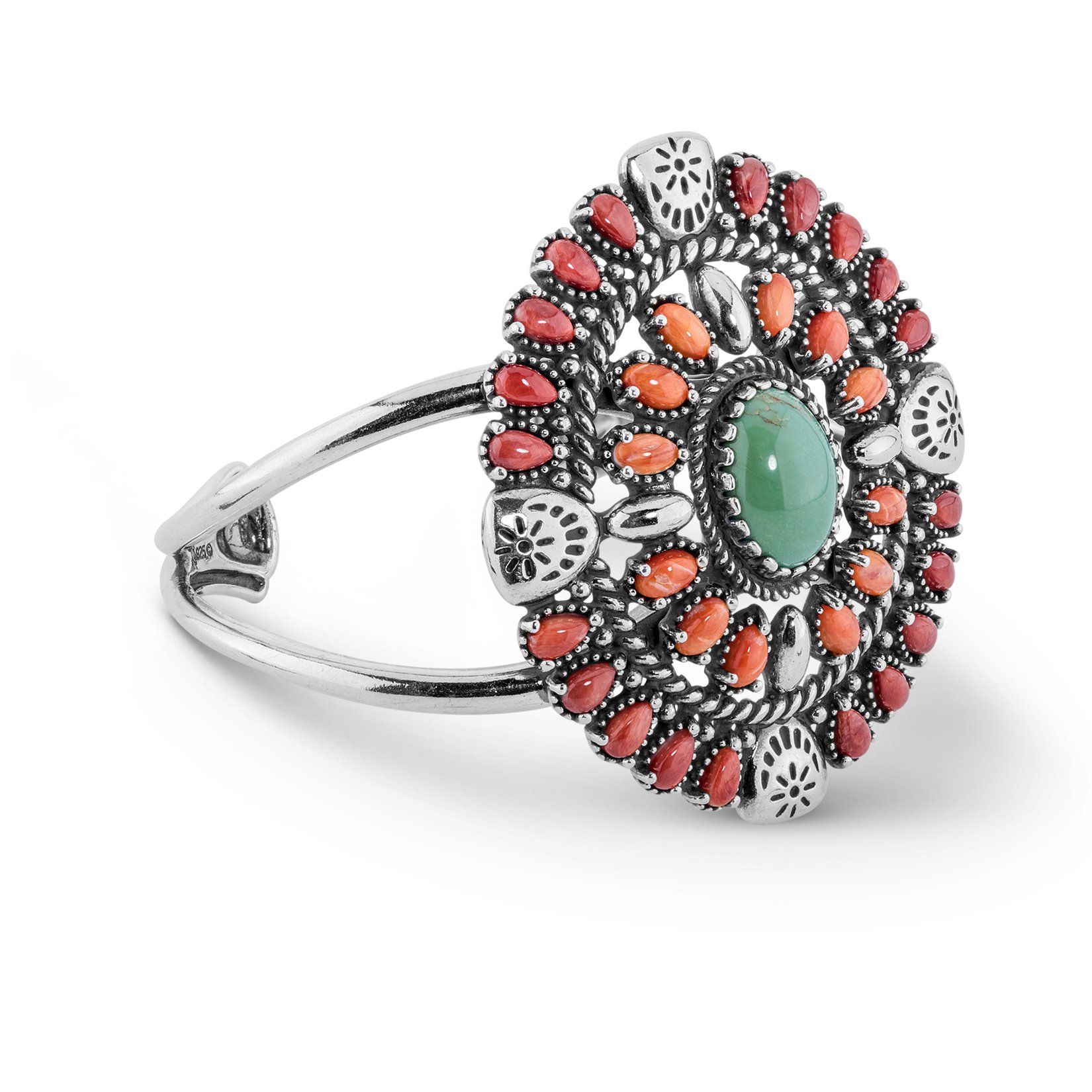 American West Sterling Silver Green Turquoise, Orange and Red Spiny Oyster Shell Gemstone Cuff Bracelet Size Medium