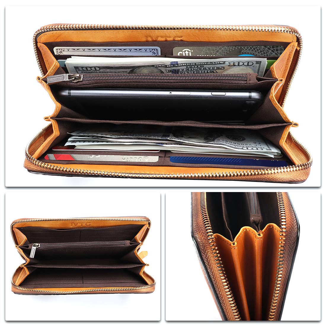 Genuine Leather Wallet Women's Zip Around Wristlet Long Purse Vintage Embossing Cowhide Capacity Handmade Clutch (Brown)