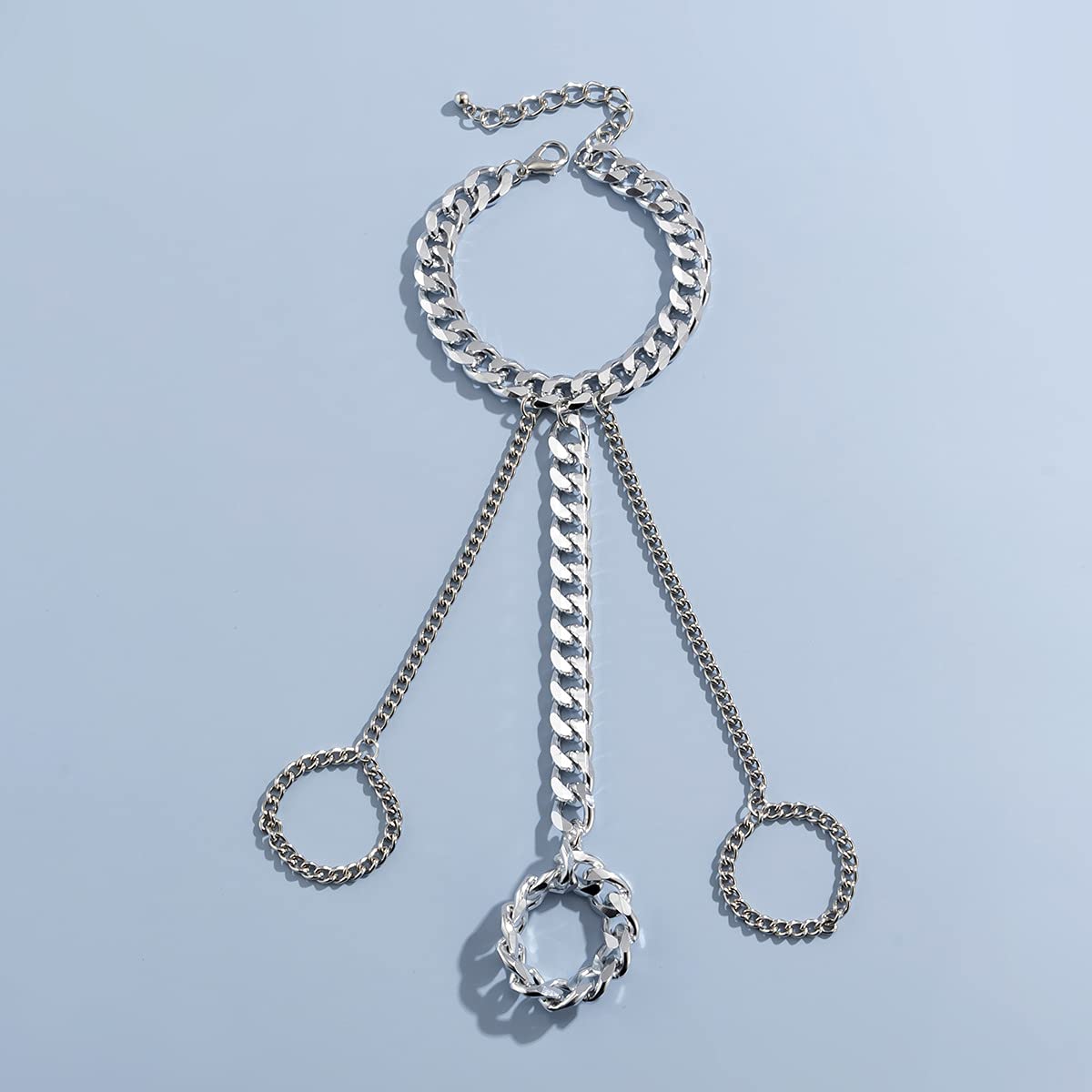 Asphire Punk Layered Cuban Link Chain Bracelet with Finger Ring Chunky Chain Tassel Hand Harness Slave Bracelet Boho Wrist Chain for Women Teens Girls (Silver)