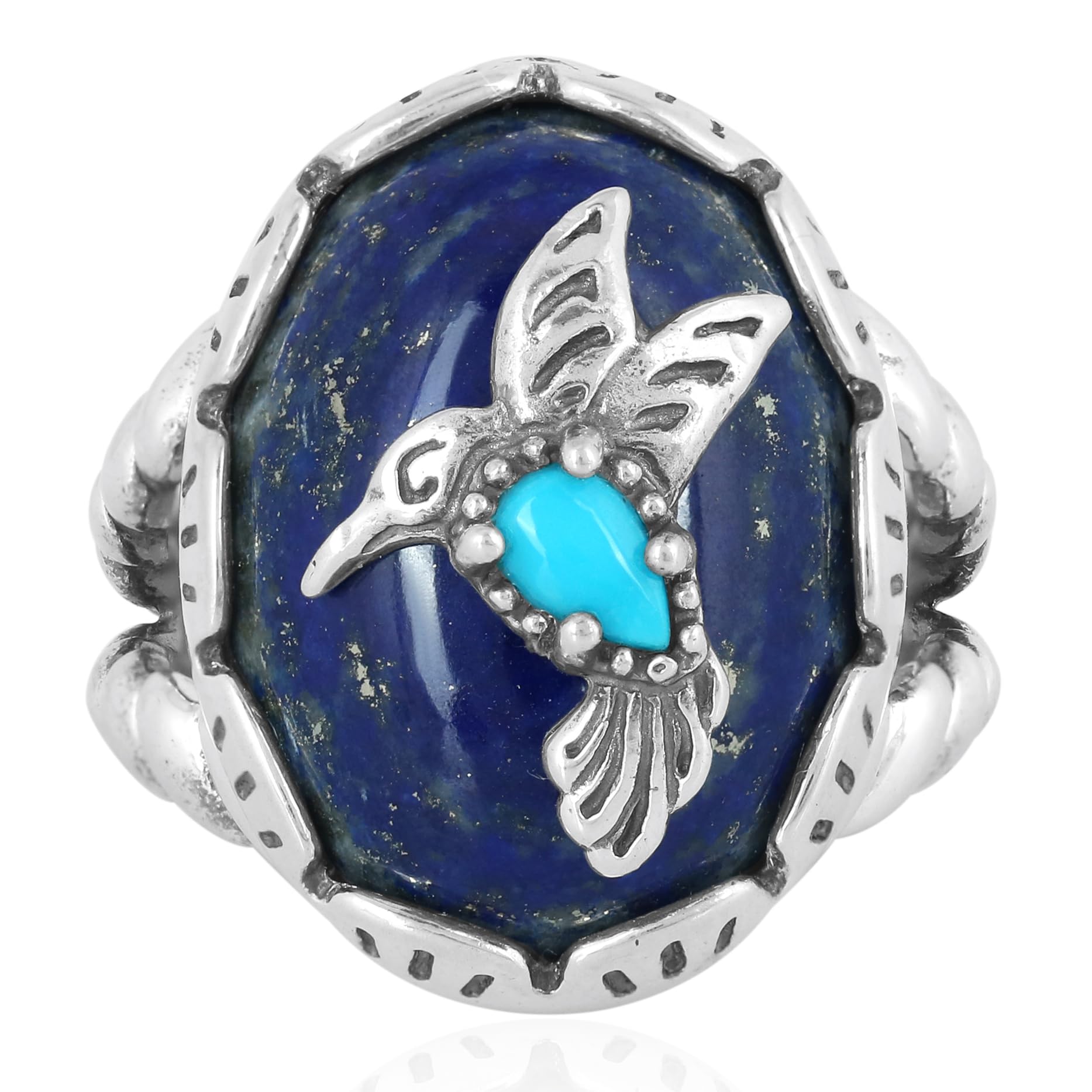 American West Sterling Silver Women's Ring Blue Turquoise and Gold Mother of Pearl Gemstone Hummingbird Design Size 7