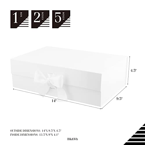 BLK&WH Large Gift Box with Ribbon 13.5x9x4.1 Inches, White Gift Box with Lid Large, Bridesmaid Proposal Box, Luxury Magnetic Box for Presents (Glossy White)